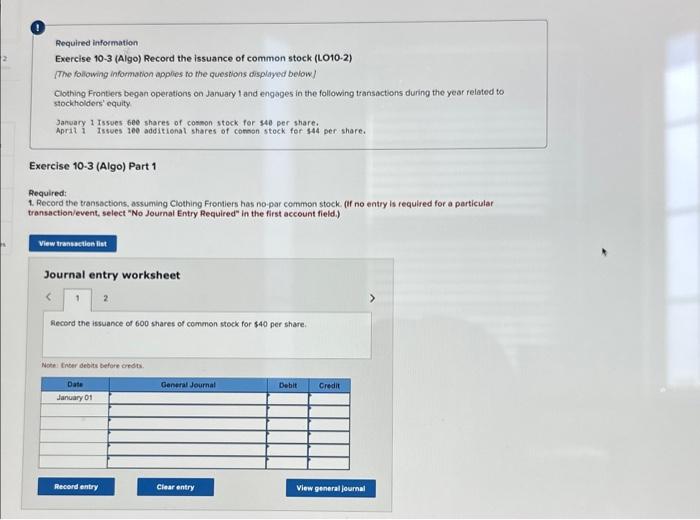 Solved Aequired information Exercise 10-3 (Algo) Record the | Chegg.com