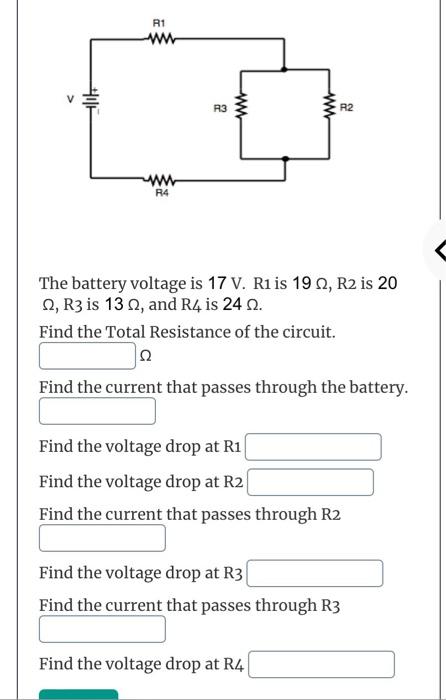 Solved The battery voltage is 17 V. R1 is 19Ω,R2 is 20 Ω, R3 | Chegg.com