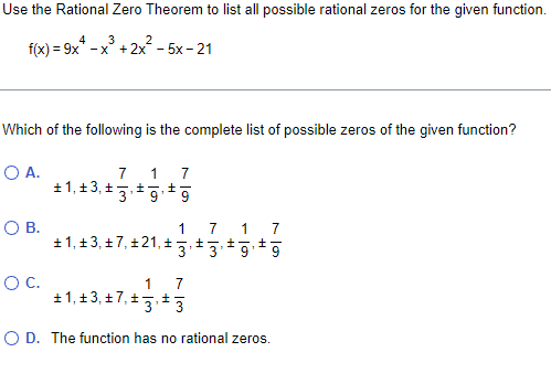 Solved Use the Rational Zero Theorem to list all possible | Chegg.com