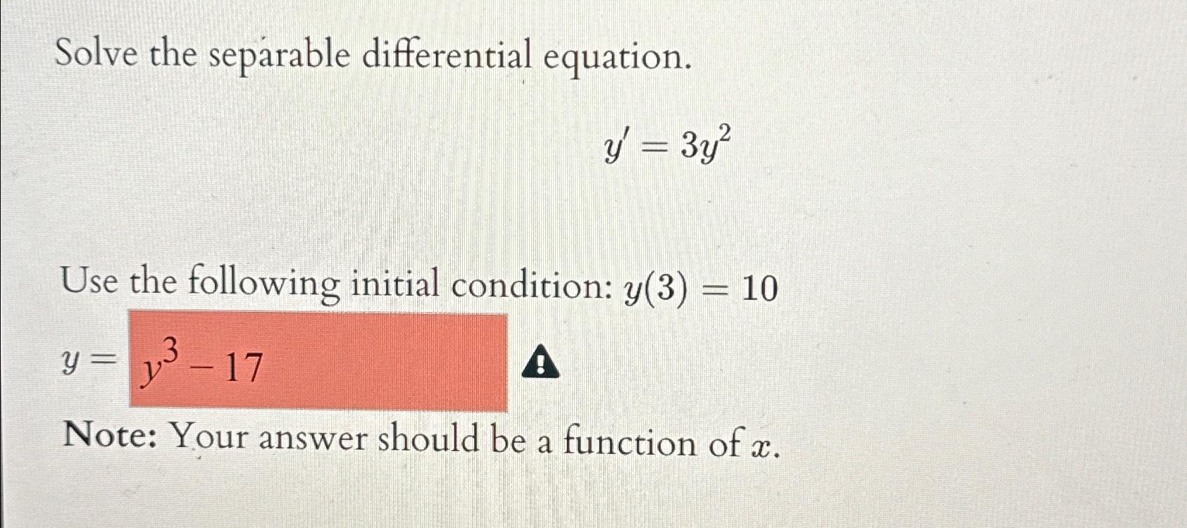 Solved Solve the separable differential equation.y'=3y2Use | Chegg.com