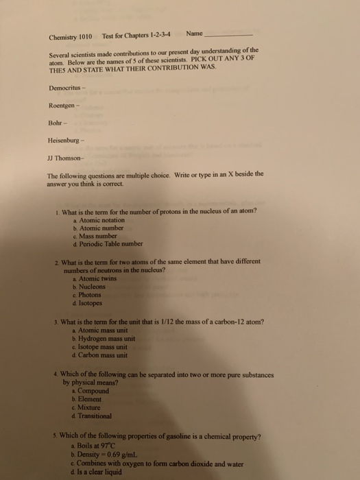 Solved Chemistry 1010 Test for Chapters 1-2-3-4 Name Several | Chegg.com