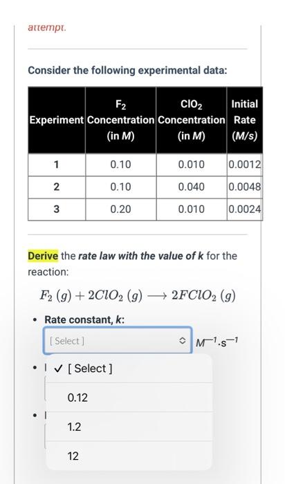 Solved attempt. Consider the following experimental data: F₂ | Chegg.com