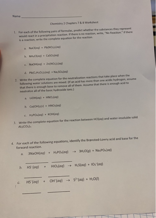 Solved Name Chemistry 2 Chapters 7 & 8 Worksheet 1. For each | Chegg.com