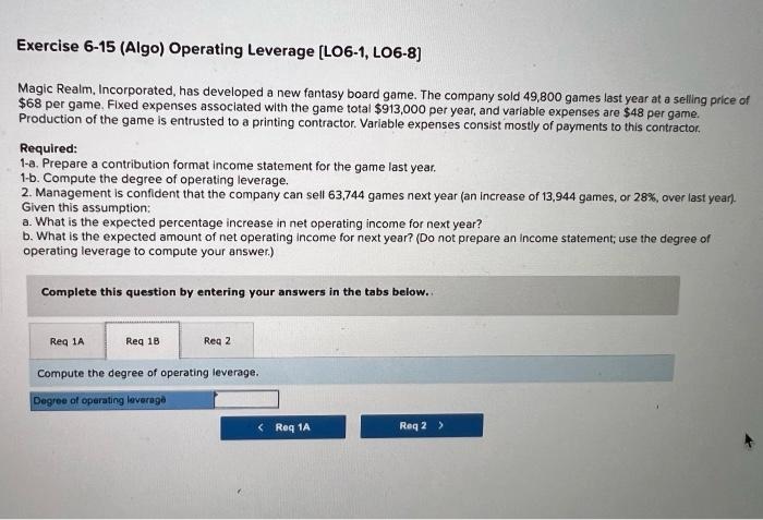 Solved Exercise 6-15 (Algo) Operating Leverage [LO6-1, | Chegg.com
