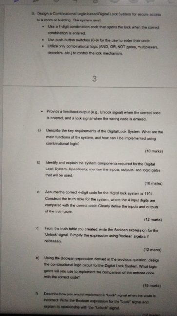Solved by an EXPERT Design a Combinationai Logic-based Digital Lock | Chegg.com