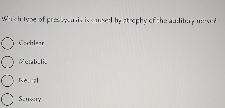 Solved Which type of presbycusis is caused by atrophy of the | Chegg.com