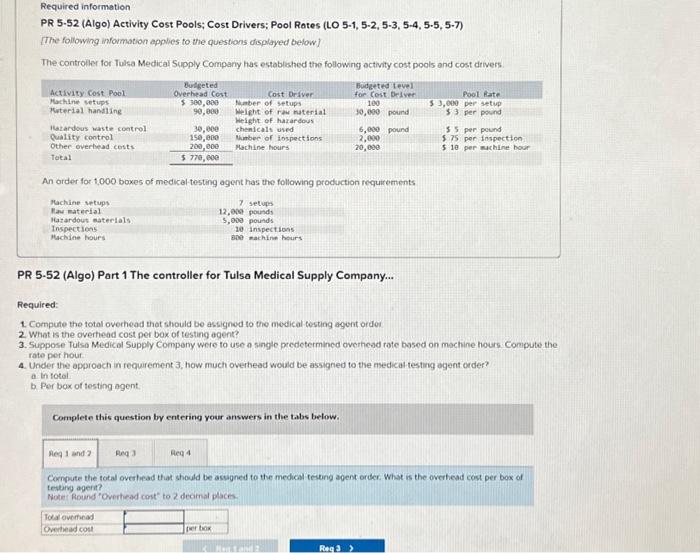Required information PR 5-52 (Algo) Activity Cost | Chegg.com