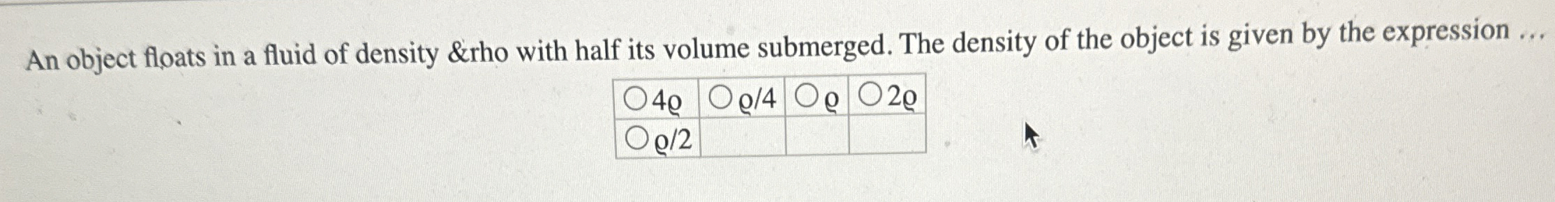 Solved An object floats in a fluid of density &rho with half | Chegg.com