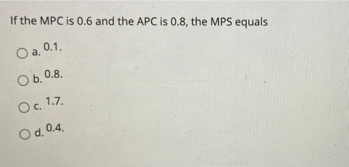 Solved If the MPC is 0.6 and the APC is 0.8, the MPS equals | Chegg.com