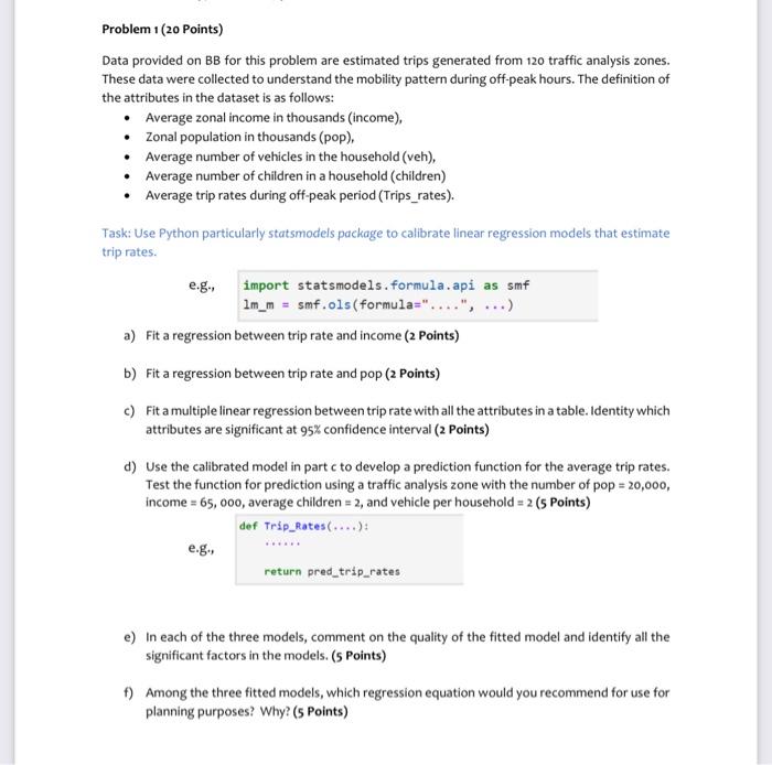 Problem 1 (20 Points) Data provided on BB for this | Chegg.com