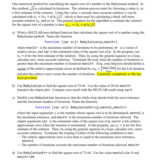 Solved One numerical method for calculating the square root | Chegg.com