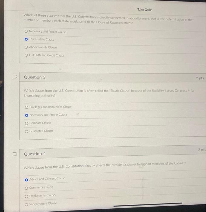 Take Quiz Which clause from the U.S. Constitution | Chegg.com