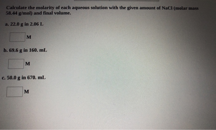 Solved Calculate the molarity of each aqueous solution with | Chegg.com