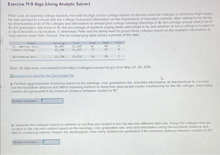 Exercise 11-9 Algo (Using Analytic Solver) Peter | Chegg.com
