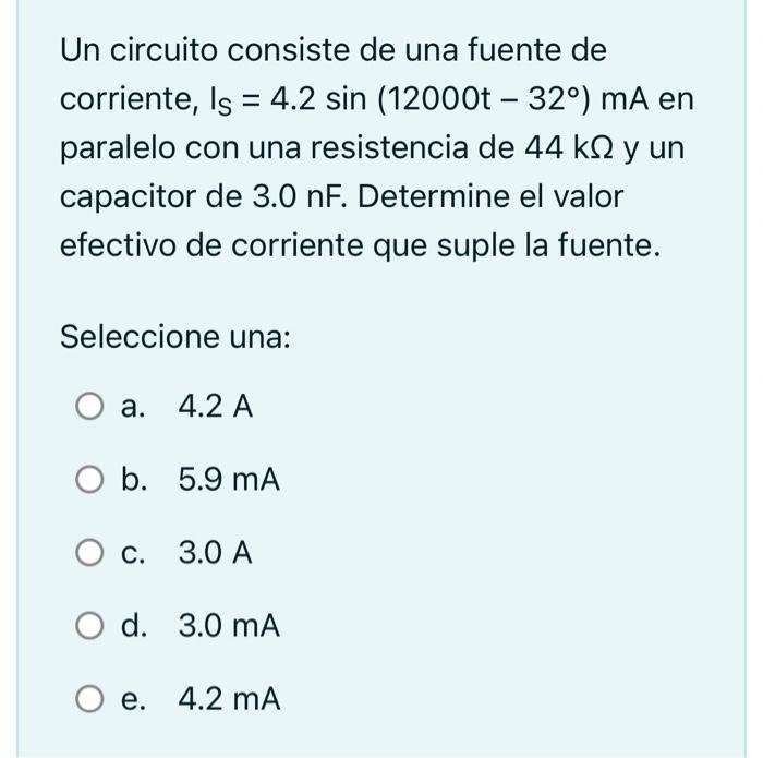 Solved Un circuito consiste de una fuente de corriente, Is = | Chegg.com