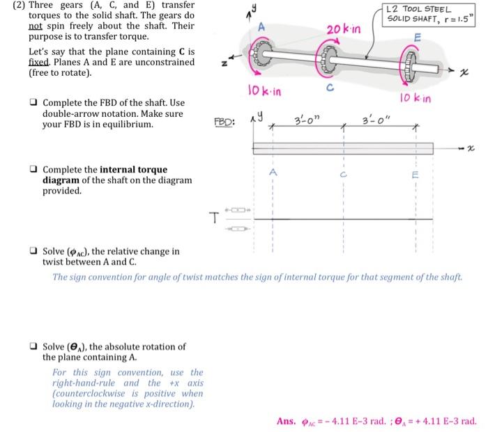 Solved (2) Three gears (A,C, and E ) transfer torques to the | Chegg.com