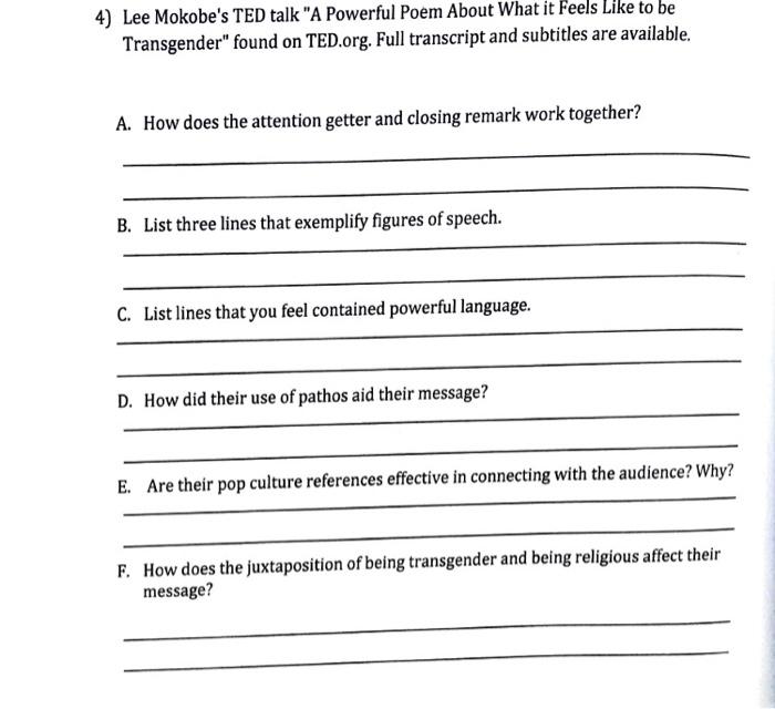 4) Lee Mokobe's TED talk "A Powerful Poem About What | Chegg.com