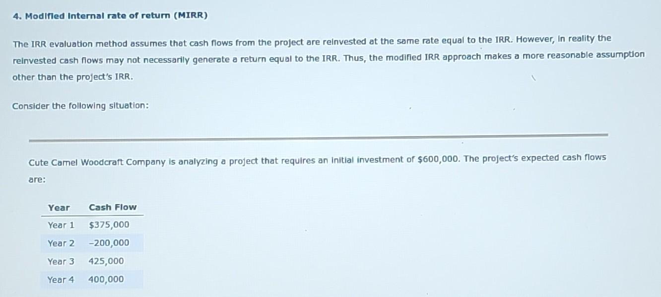 Solved 4. Modifled Internal rate of return (MIRR) The IRR | Chegg.com