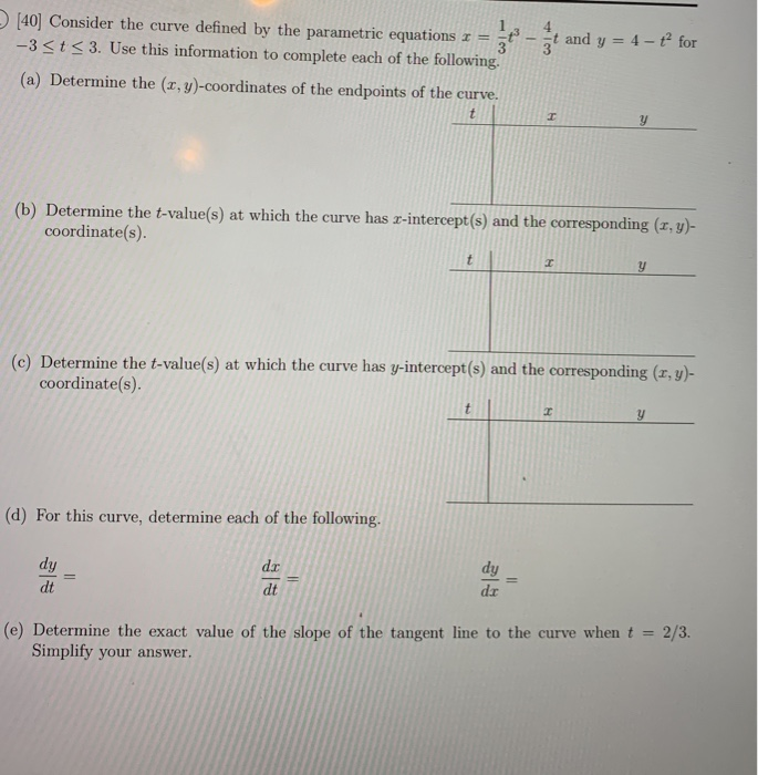 Solved + [40] Consider the curve defined by the parametric | Chegg.com