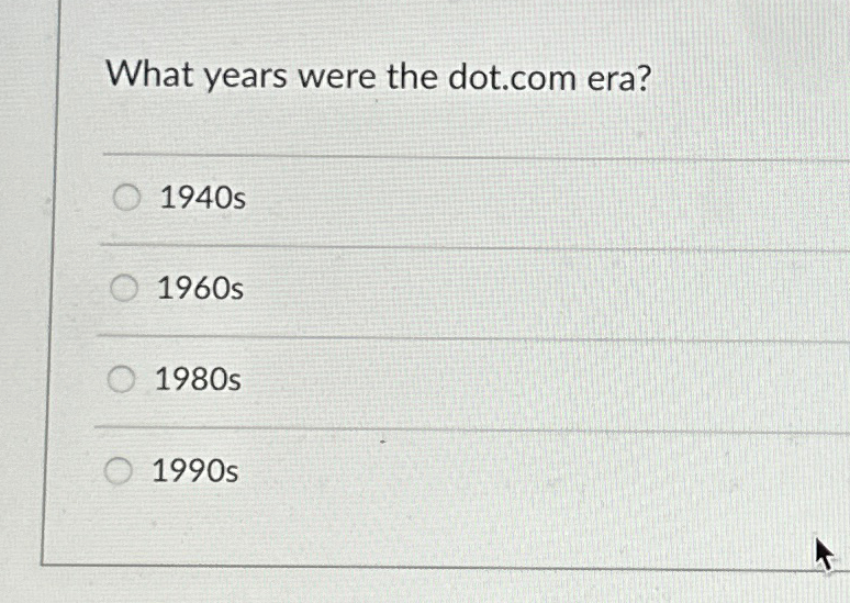 Solved What years were the dot.com era?1940s1960s1980s1990s | Chegg.com