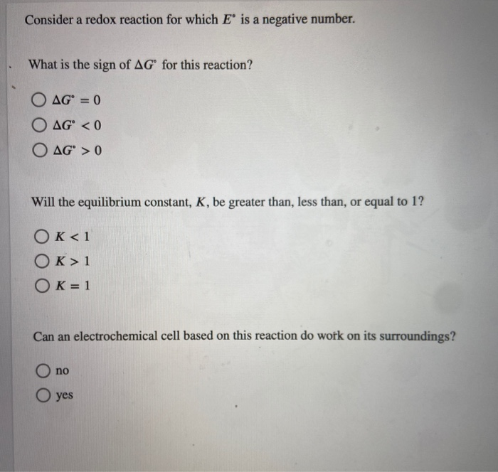 Solved Consider a redox reaction for which E® is a negative | Chegg.com