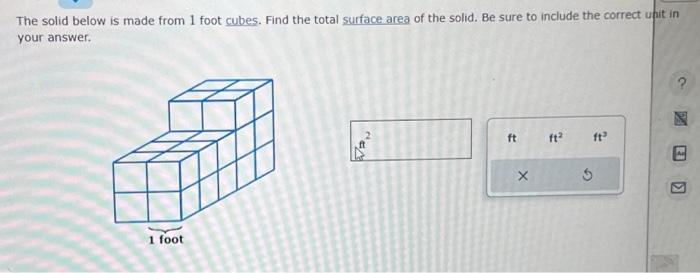 Solved The solid below is made from 1 foot cubes. Find the | Chegg.com