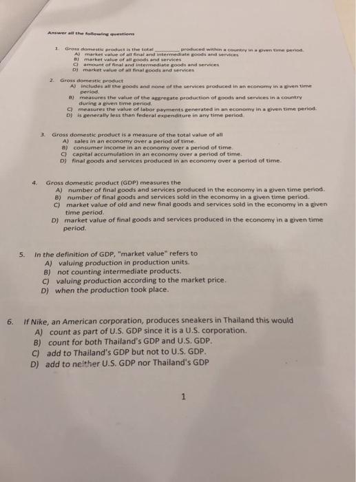 Solved Answer all the following questions 1 2 Gross domestic | Chegg.com