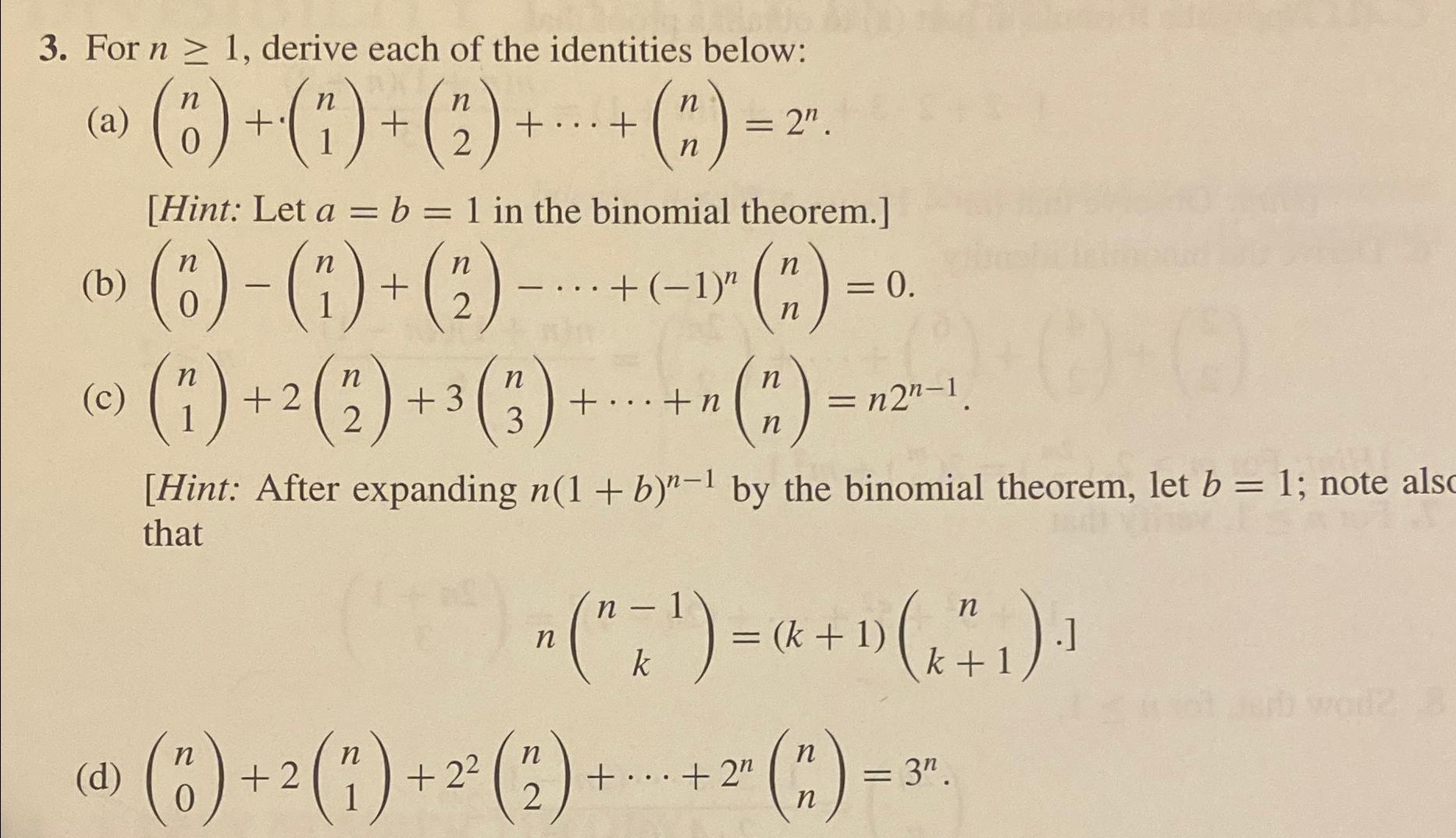 Solved For n≥1, ﻿derive each of the identities | Chegg.com