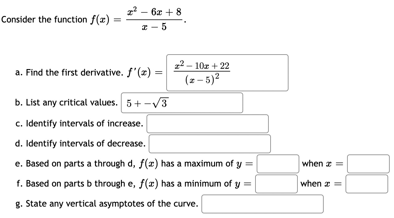 Solved Consider the function f(x)=x2-6x+8x-5.a. ﻿Find the | Chegg.com
