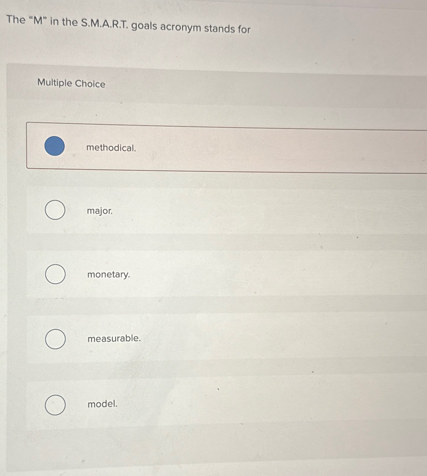 Solved The "M" ﻿in the S.M.A.R.T. ﻿goals acronym stands | Chegg.com