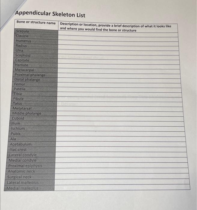 Solved Appendicular Skeleton List | Chegg.com