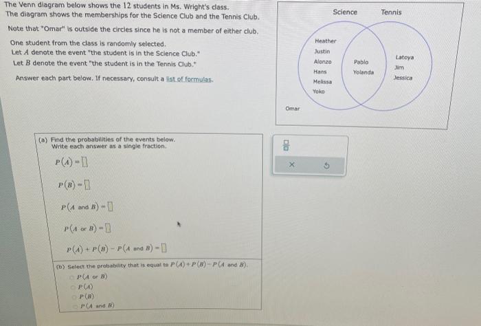 Solved The Venn diagram below shows the 12 students in Ms. | Chegg.com