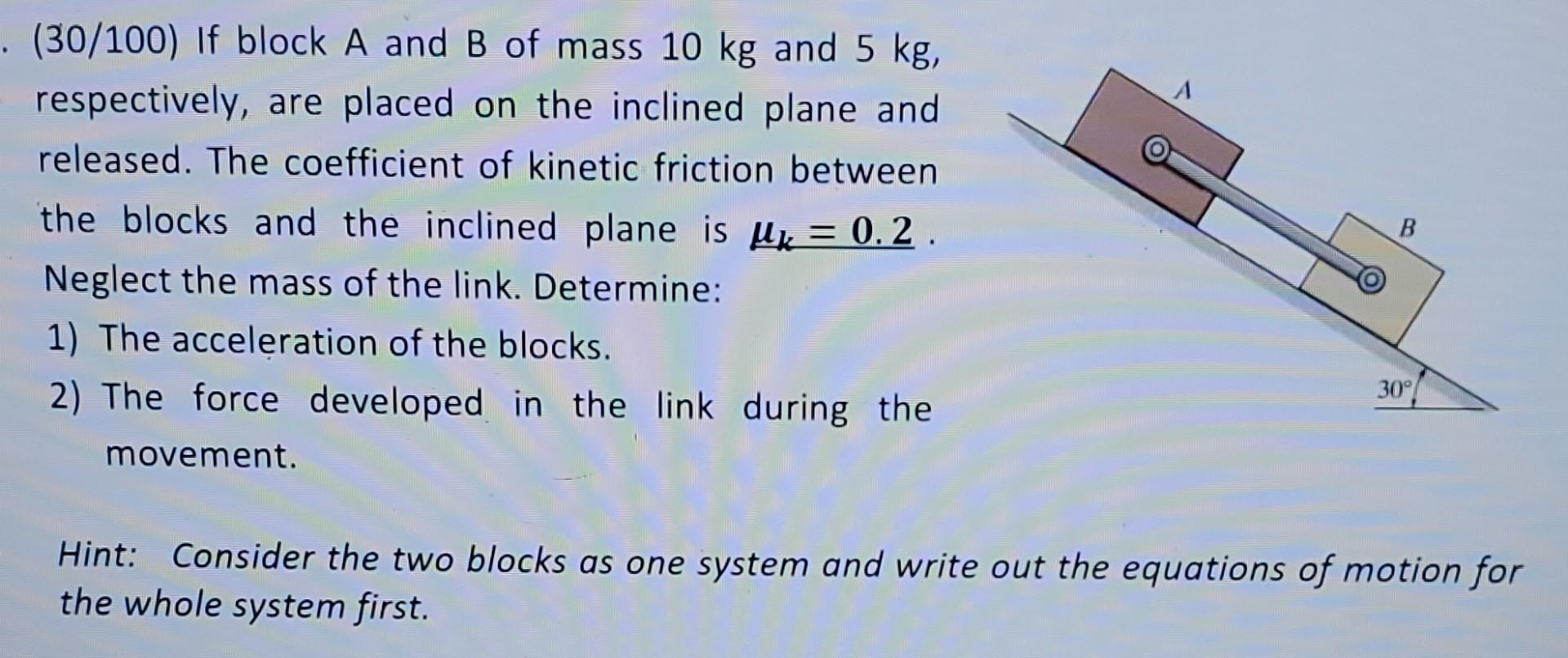 Solved (30/100) If block A and B of mass 10 kg and 5 kg, | Chegg.com