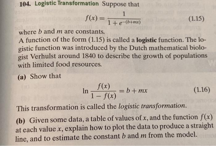 Solved 104. Logistic Transformation Suppose that 1 f(x) = 1+ | Chegg.com