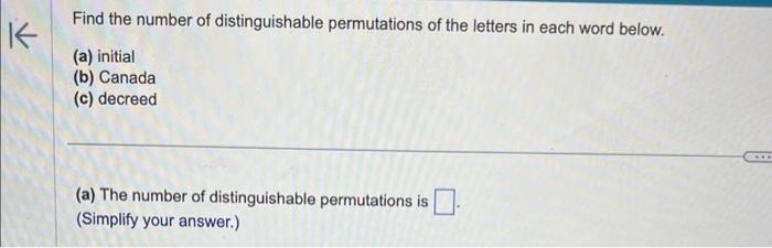 Solved Find the number of distinguishable permutations of | Chegg.com