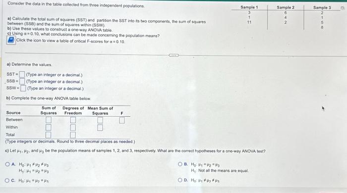 Solved Consider the data in the table collected from three | Chegg.com
