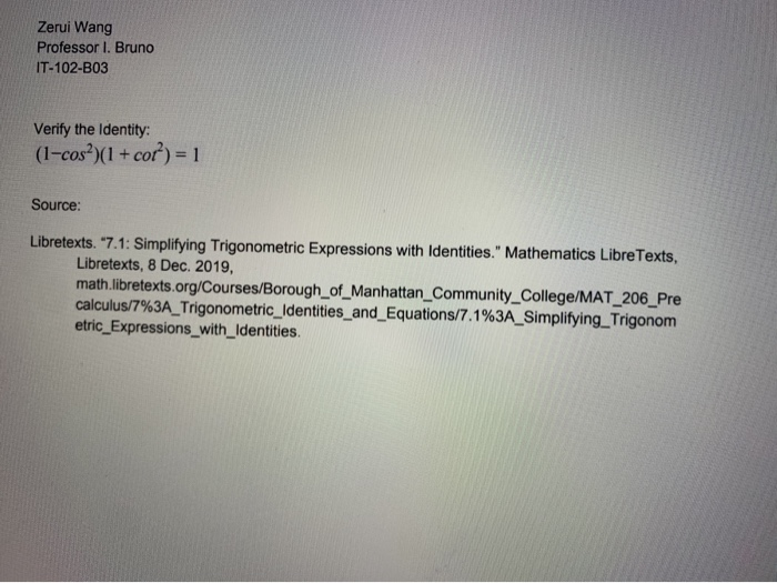 Solved Zerui Wang Professor 1. Bruno IT-102-B03 Verify the | Chegg.com