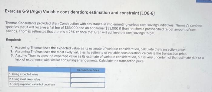 Solved Exercise 6-9 (Algo) Variable consideration; | Chegg.com