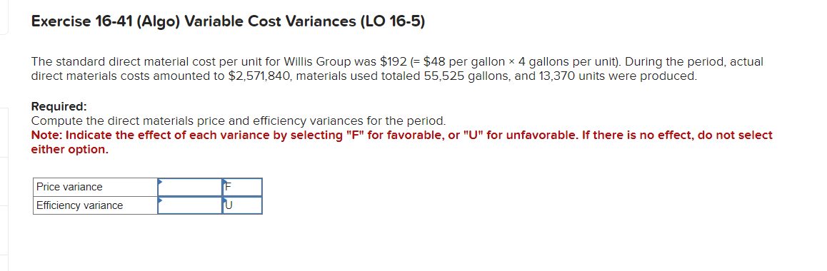Solved Exercise 16-41 (Algo) ﻿Variable Cost Variances (LO | Chegg.com