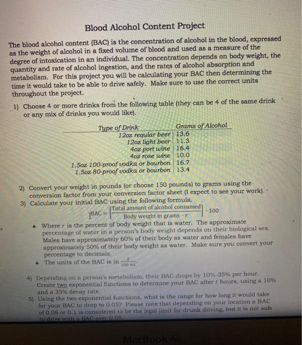 Solved Blood Alcohol Content Project The blood alcohol | Chegg.com