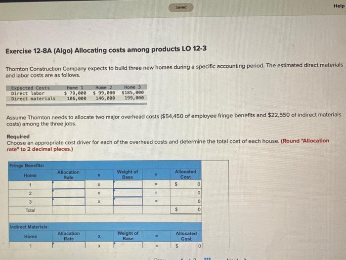 Solved 5xved Help Exercise 12-8A (Algo) Allocating costs | Chegg.com