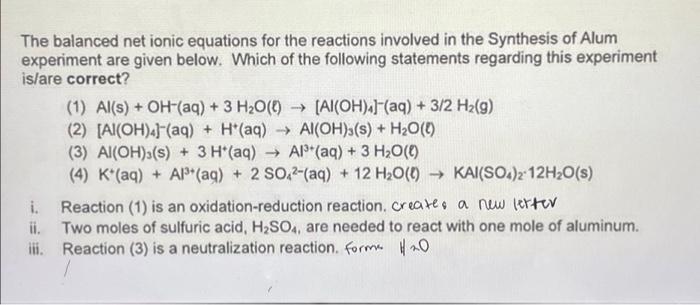 Solved The balanced net ionic equations for the reactions | Chegg.com
