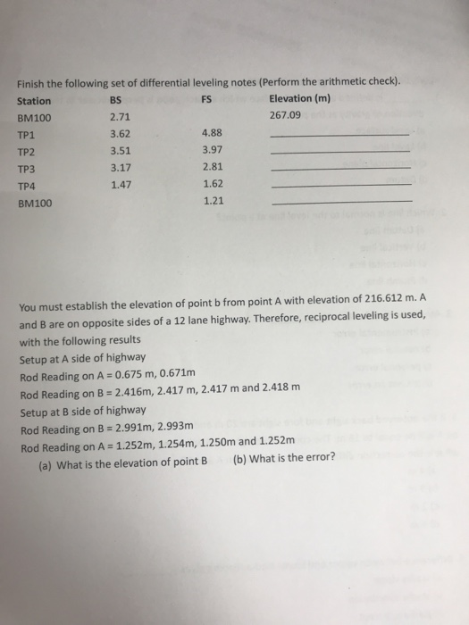 Solved Finish the following set of differential leveling | Chegg.com