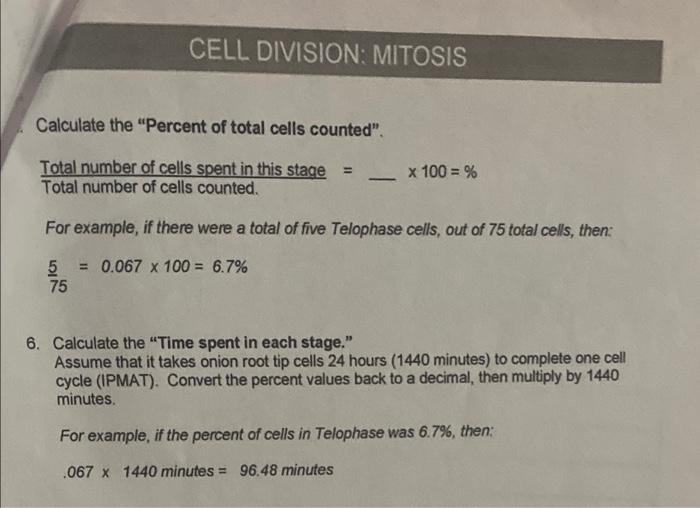 Solved CELL DIVISION: MITOSIS Calculate the "Percent of | Chegg.com