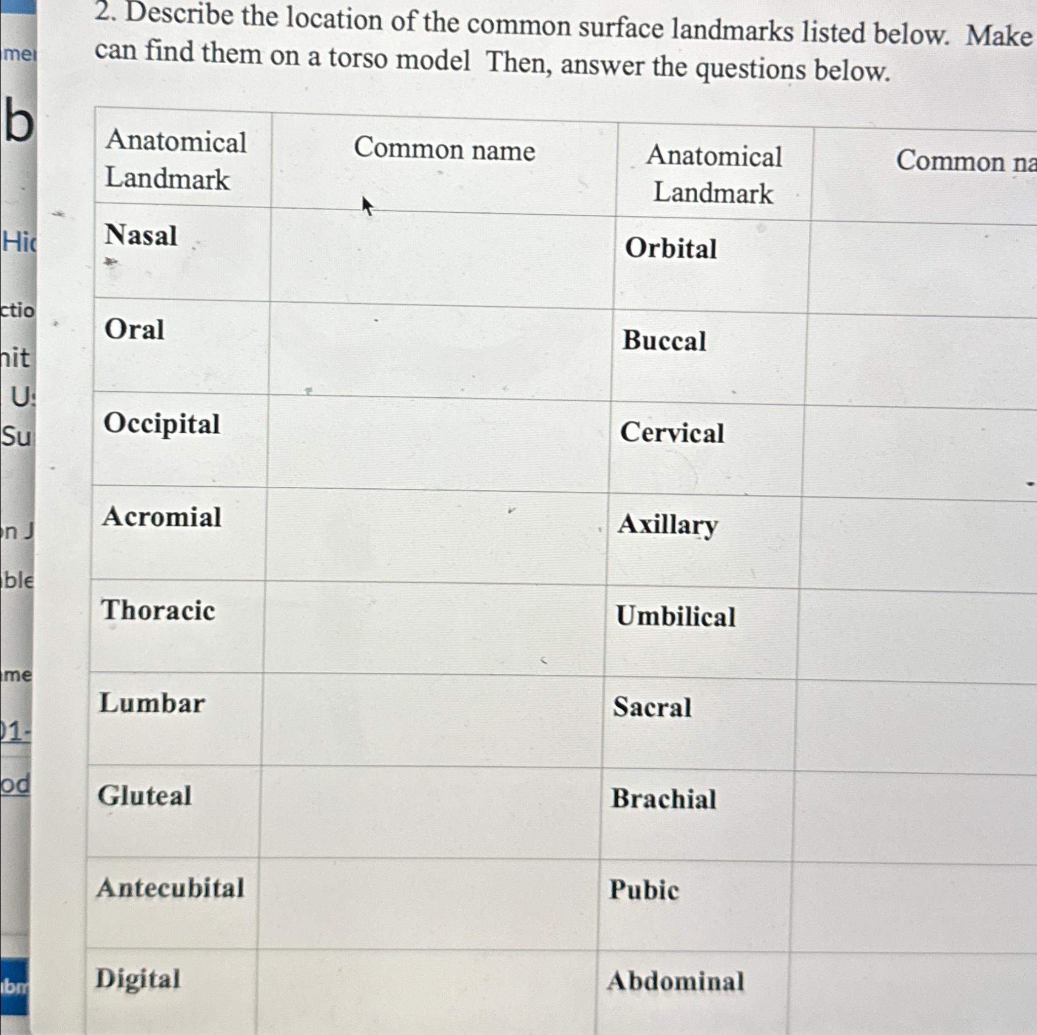 Solved Describe the location of the common surface landmarks | Chegg.com