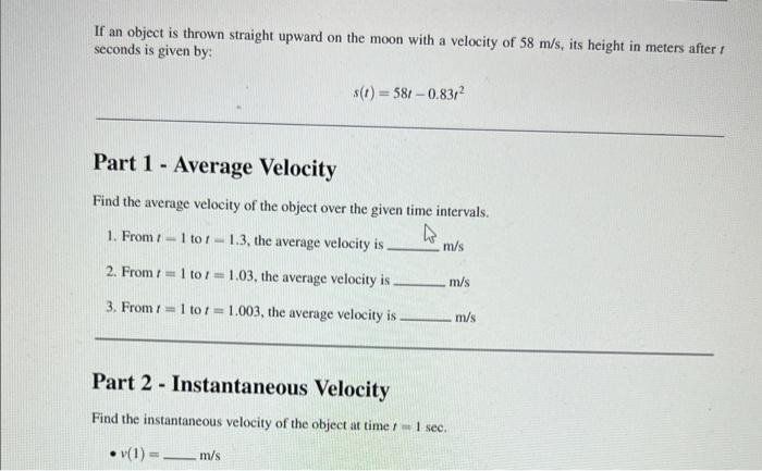 Solved Part 1 - Average Velocity Find the average velocity | Chegg.com