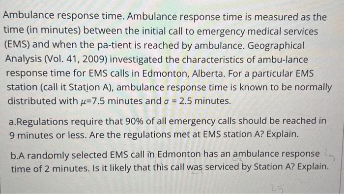 Solved Ambulance response time. Ambulance response time is | Chegg.com