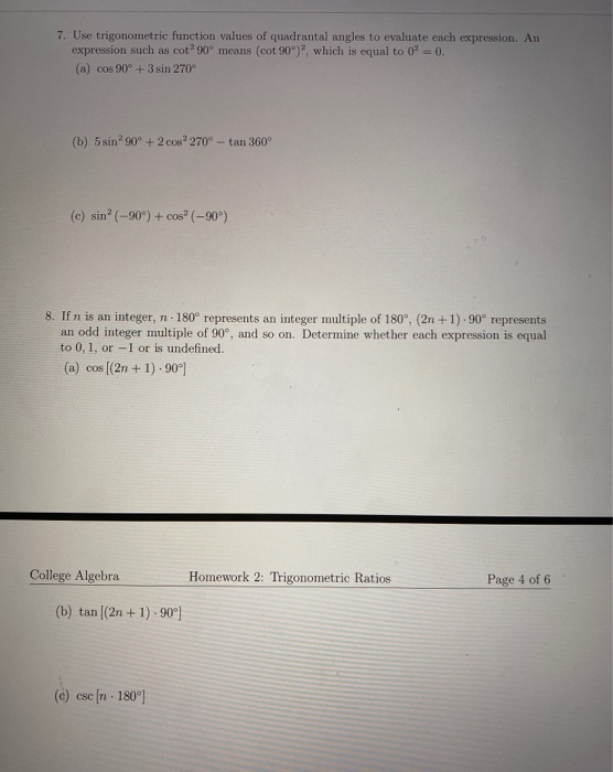 Solved 7. Use trigonometric function values of quadrantal | Chegg.com