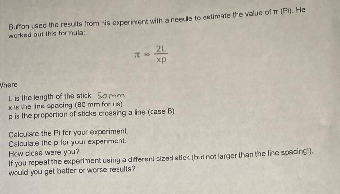 Solved help use the buffon formula and given data to find pi | Chegg.com