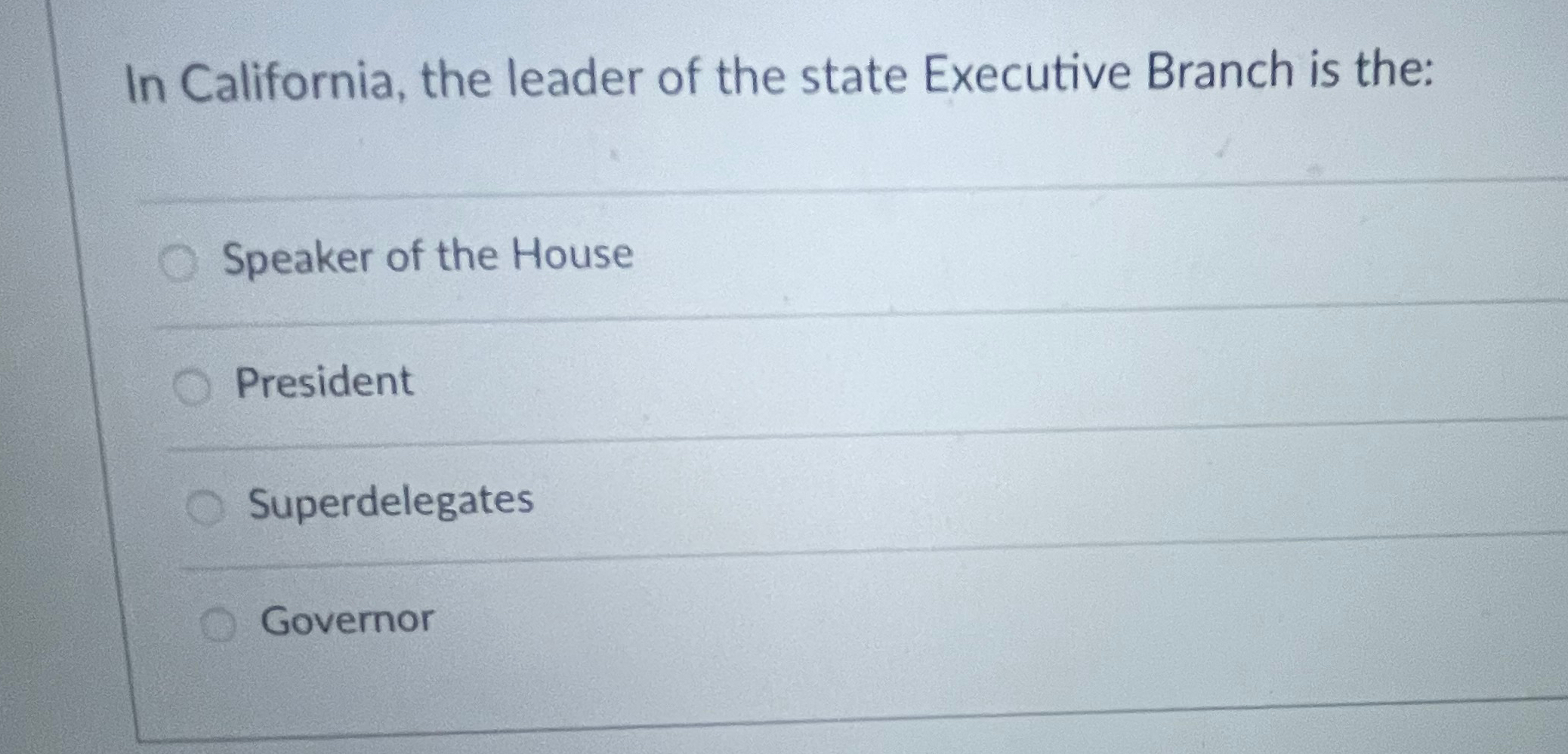 Solved In California, the leader of the state Executive | Chegg.com